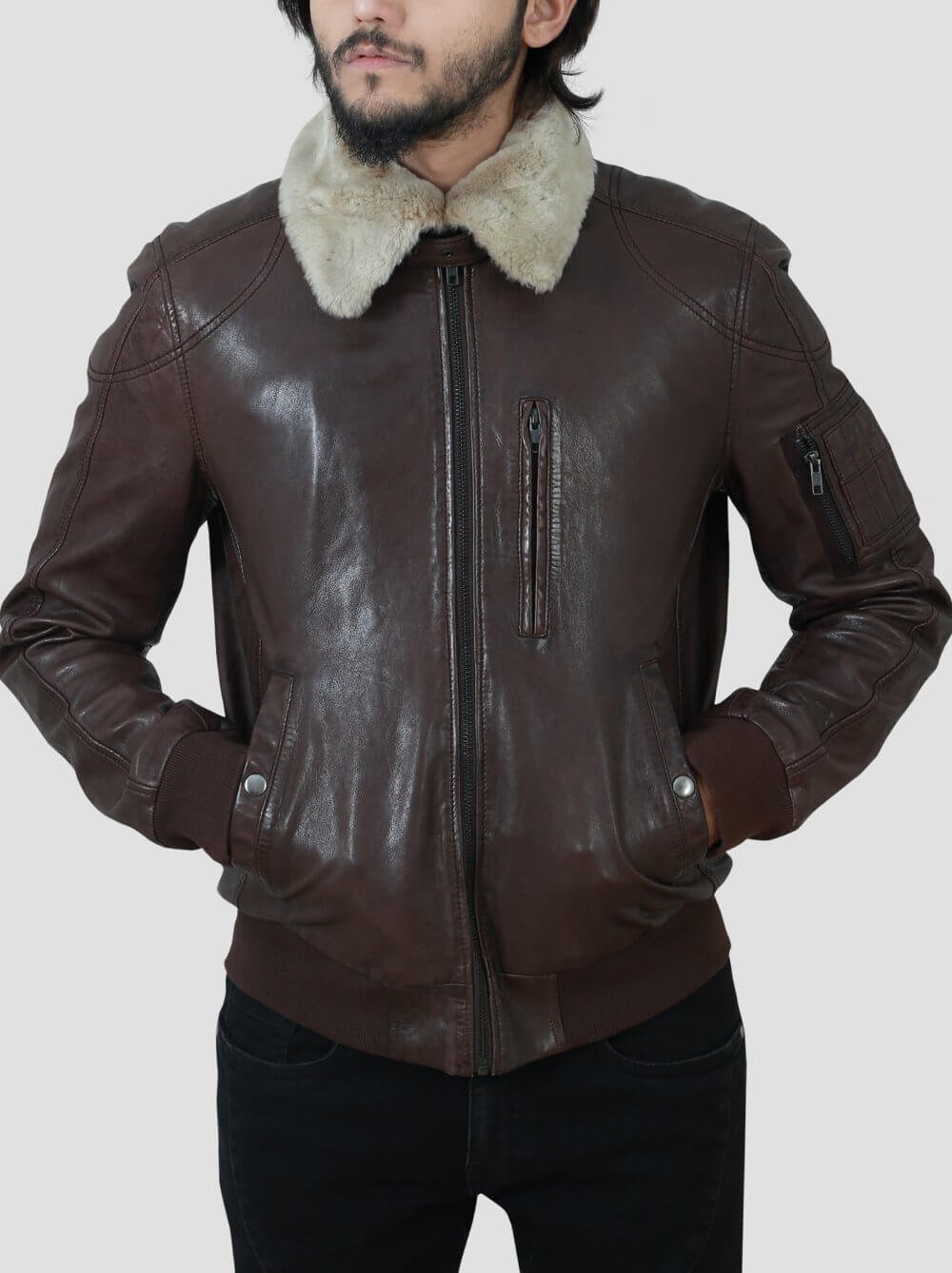 Jackson Mens Brown Shearling Collar Leather Jacket