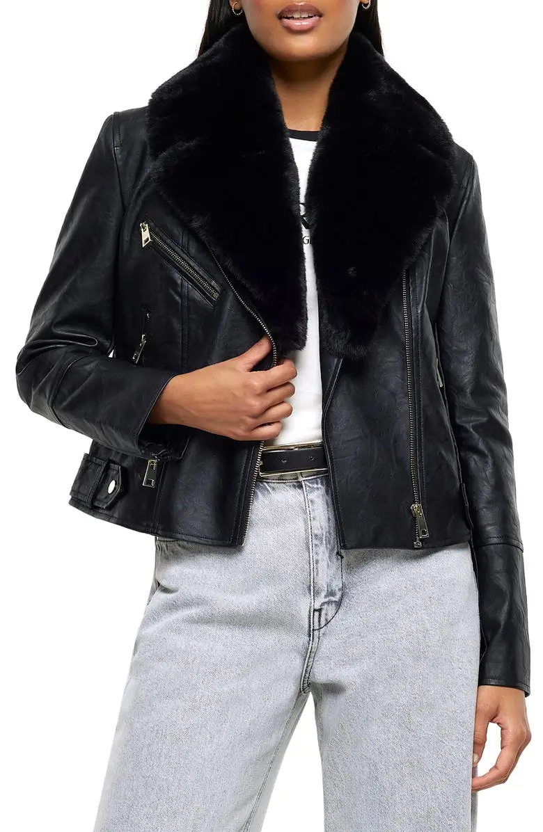 Amelia Miller Faux Leather Biker Jacket with Removable Faux Fur Trim